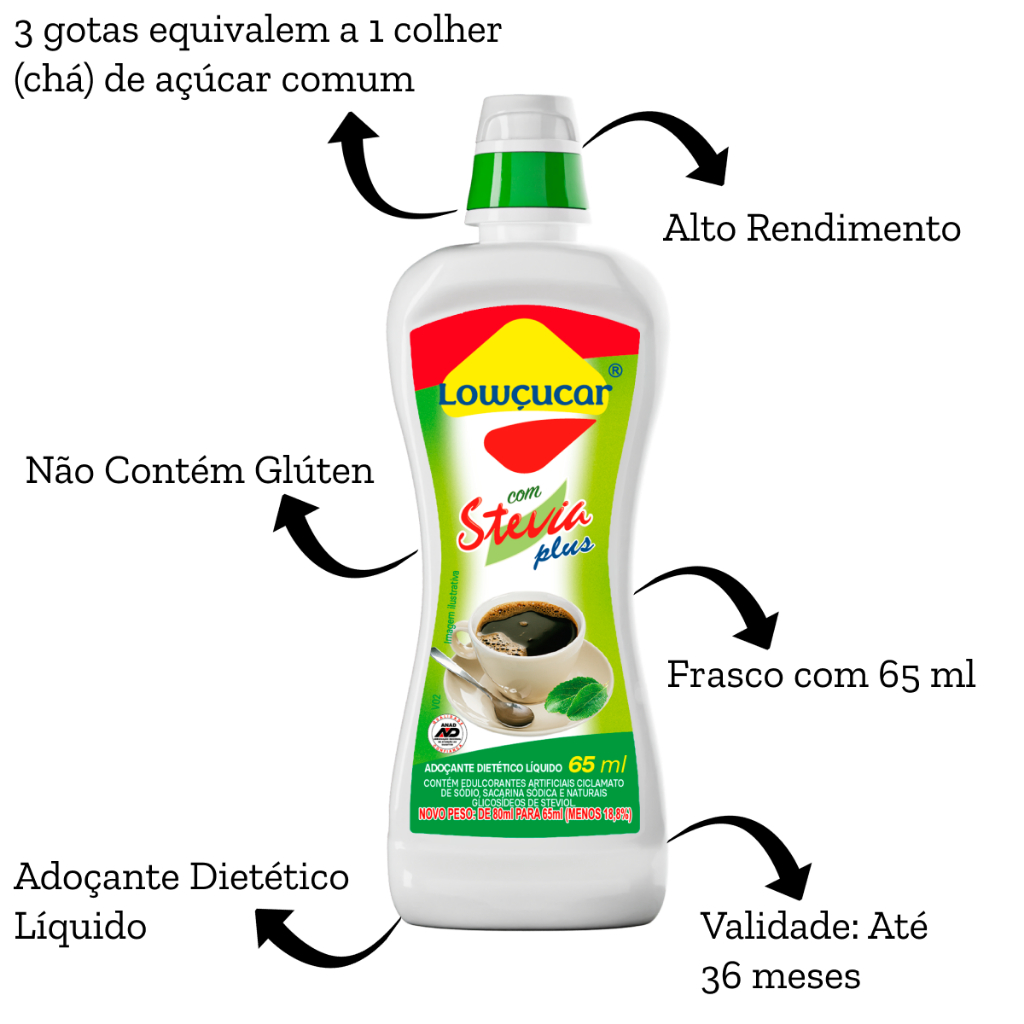 Adoçante Dietético Lowçucar, Plus com Stevia Liquido 65ml, Sem Açúcares ...