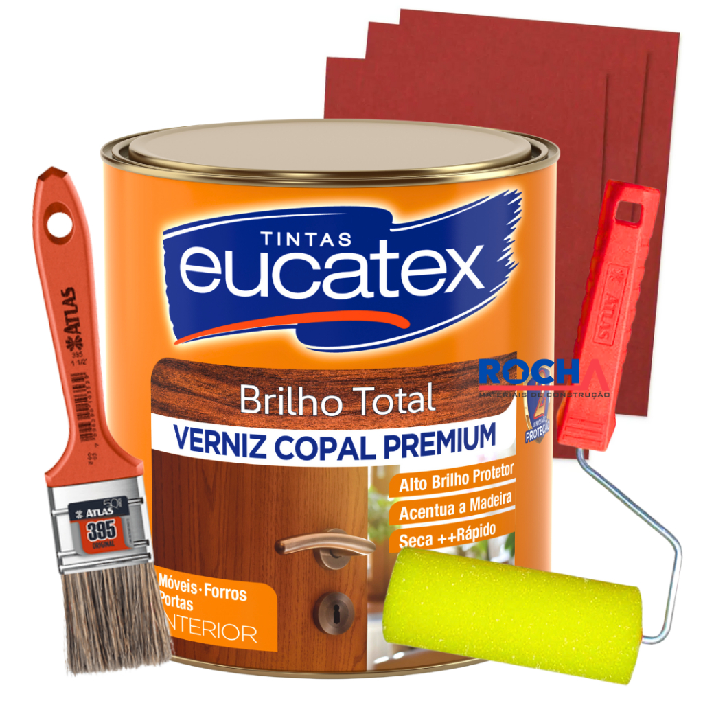 Kit Verniz Incolor Brilhante Copal Madeira 3,6l ou 900ml + Pincel Rolo ...