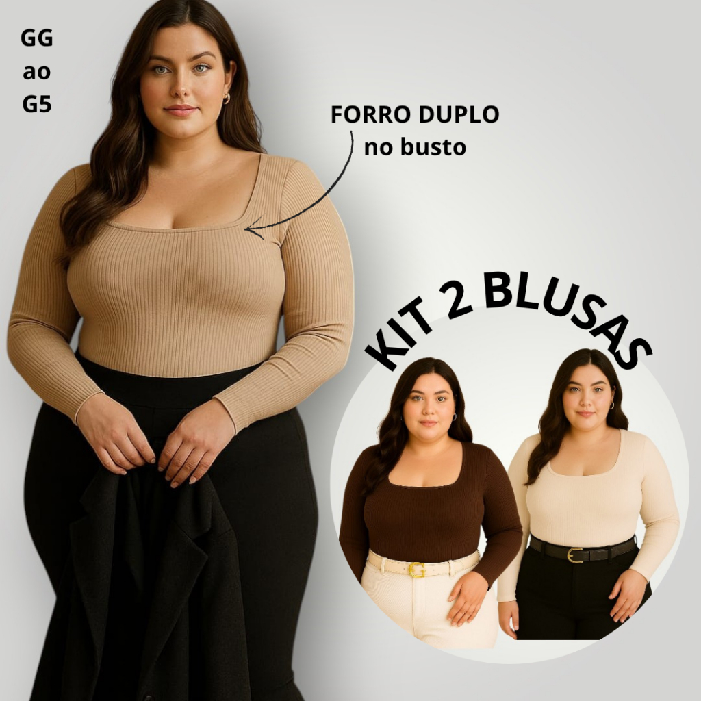 Kit 2 Blusas de frio feminina plus size gola quadrada segunda pele ...