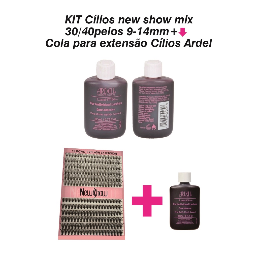 KIT Cola para extensão Cílios Ardel Roxa 22ML + Cílios new show mix 30 ...