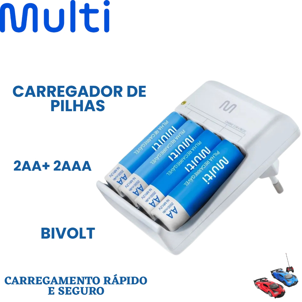 Carregador De Pilhas Multi 2AA + 2AAA Bivolt Carregamento Seguro e ...