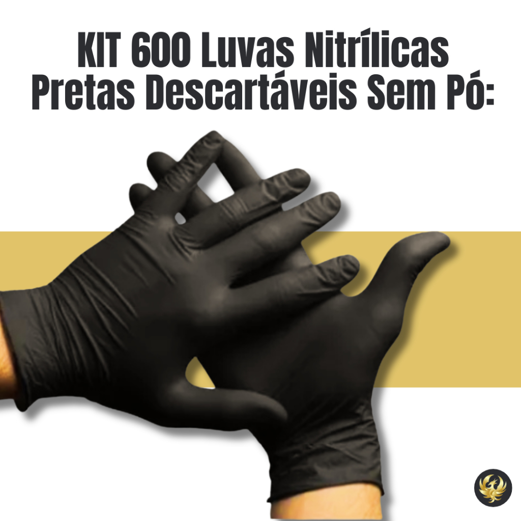 Kit 6 Luvas Nítrilica PRETA Descartável 600 Unidades Sem Pó Para Procedimento Tam P, M, G ...