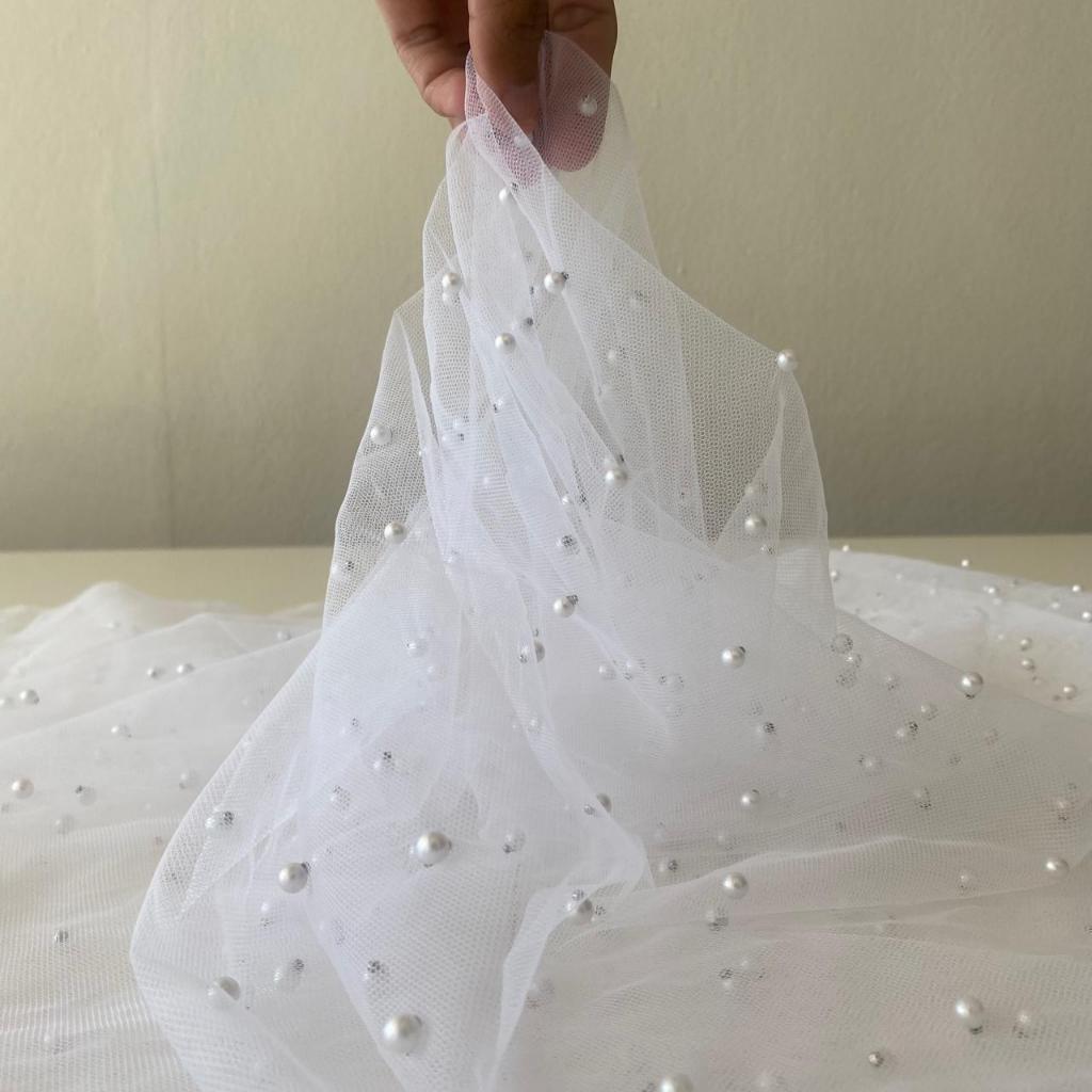 Tecido Tule Pérola Branco (1m x 1.50m) Bordado com pérolas | Shopee Brasil