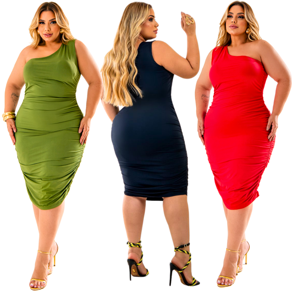 Vestido PLUS SIZE Modelo MID NULA MANGA Com Bojo DRAPEADO Na Lateral No ...