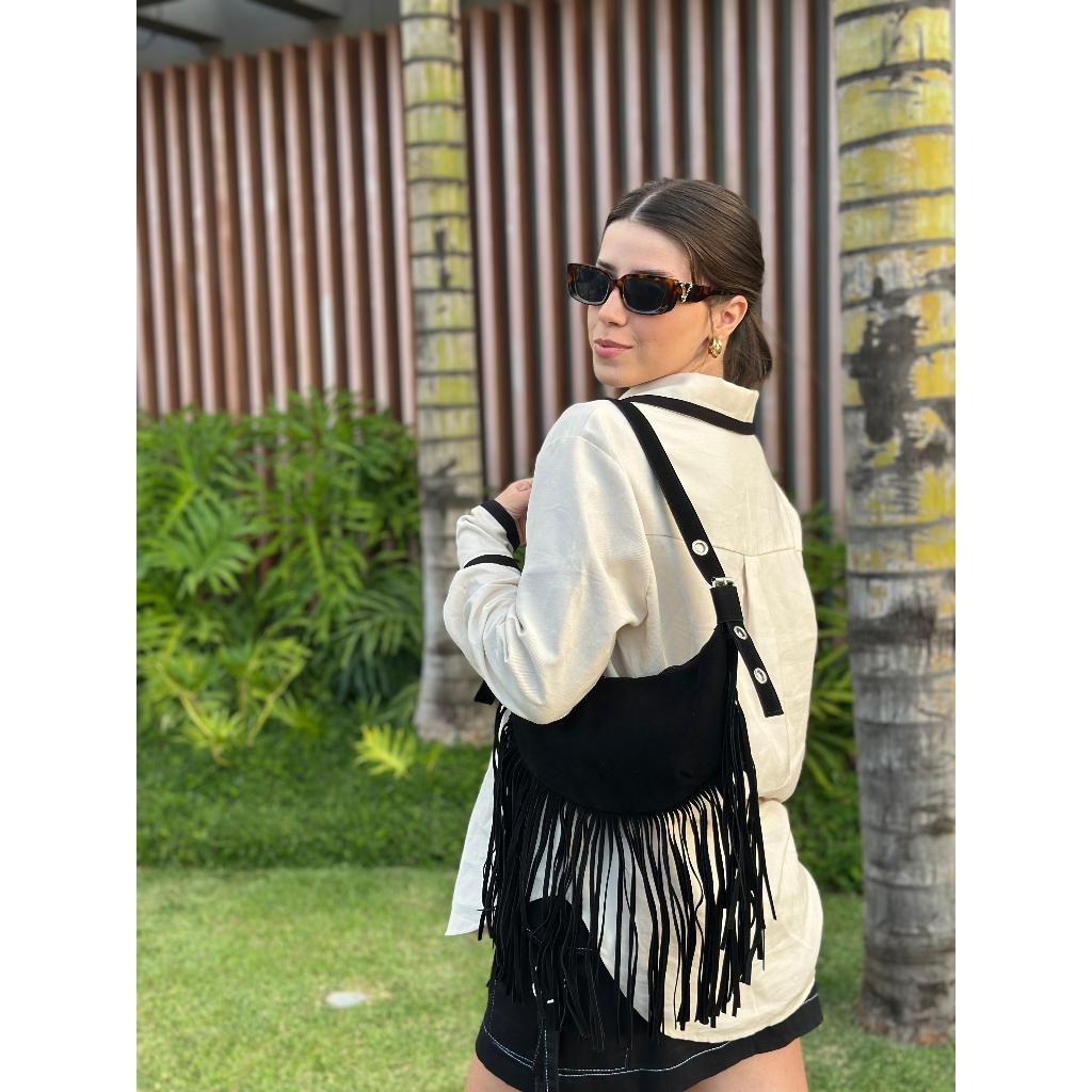 Bolsa estilosa franja tendência três cores alça regulável meia lua moda ...