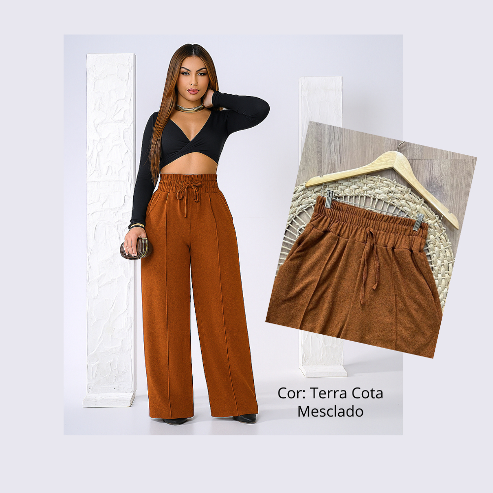 Calça Pantalona Lanzinha Forrada Feminina Cor da Moda Terra Cota ...
