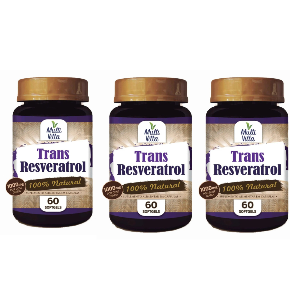 Kit com 3 Trans Resveratrol 1000mg cada pote contém 60 cápsulas Multi ...
