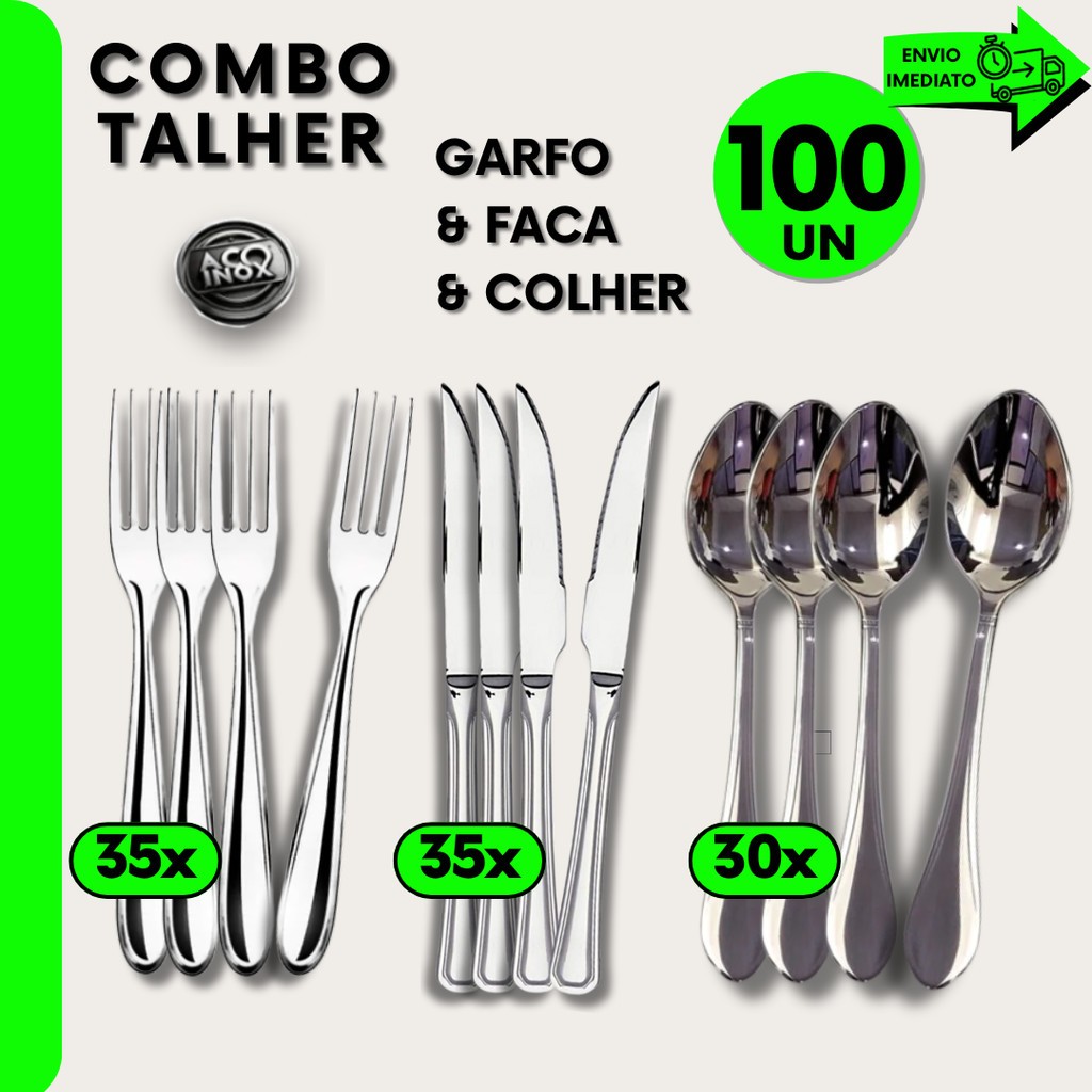 Conjunto Talheres 100 Pçs 35 Garfos e 35 Facas 30 Colheres Aço Inox P ...