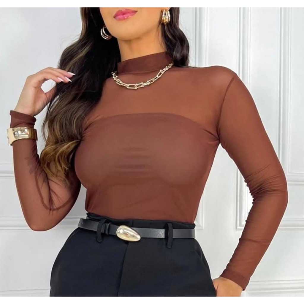 boddy Tule Marrom Moda Feminina Tendencia Blogueira | Shopee Brasil