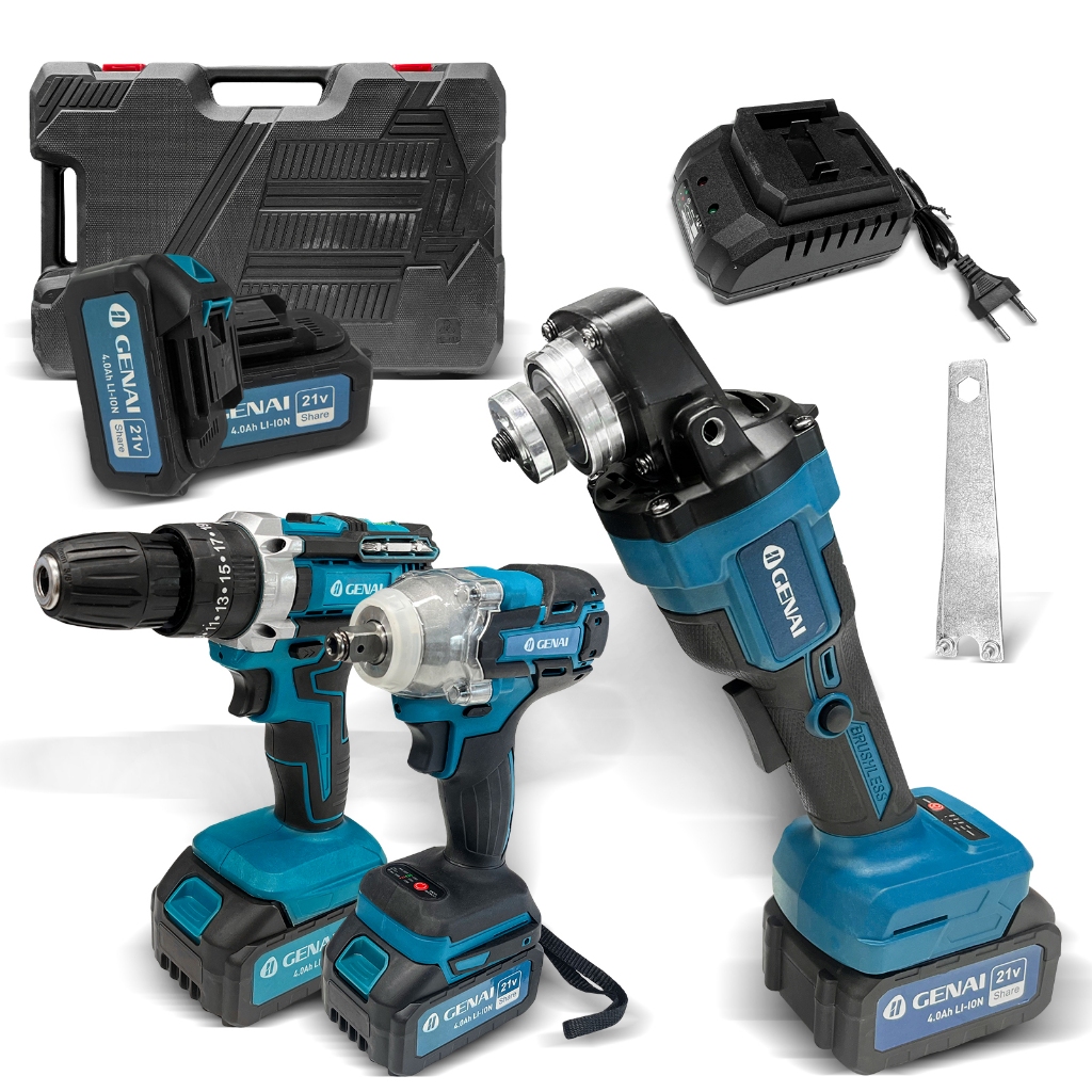 【GENAI】Kit 3 em 1 21V - Chave Impacto, Esmerilhadeira e Furadeira + 2 ...