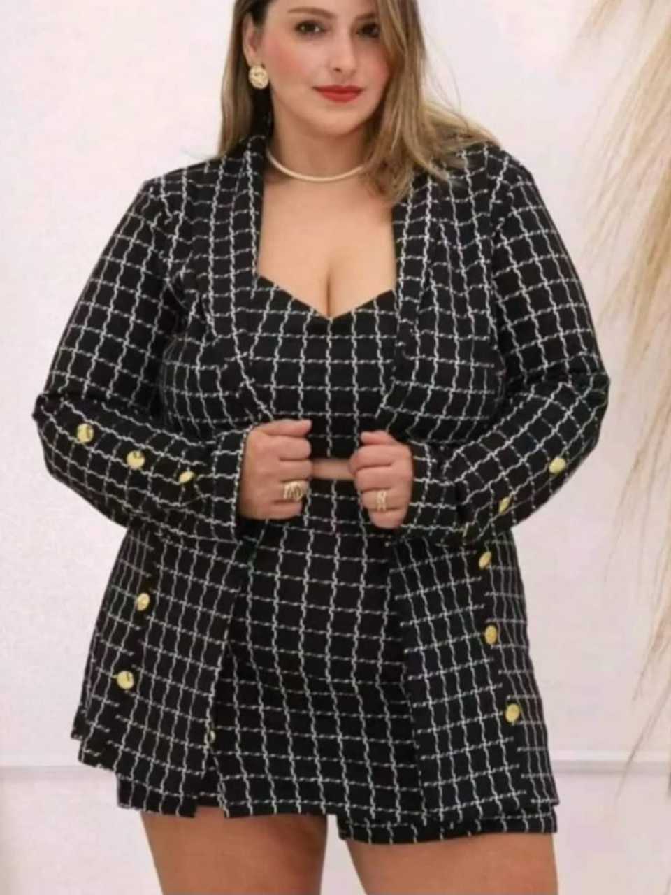 conjunto xadres plus size trijunto 3 pecas croped short saia max ...