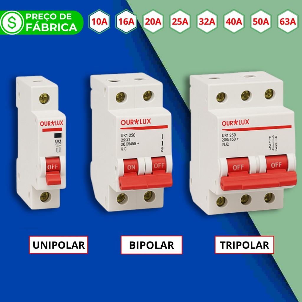Disjuntor Unipolar Bipolar Tripolar 10A 16A 20A 25A 32A 40A 50A 63A ...