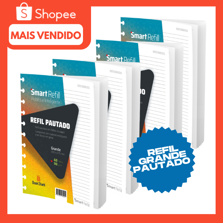 Refil Caderno de Discos 90g - 60/120/240 Folhas Pautado grande 11 Furos ...