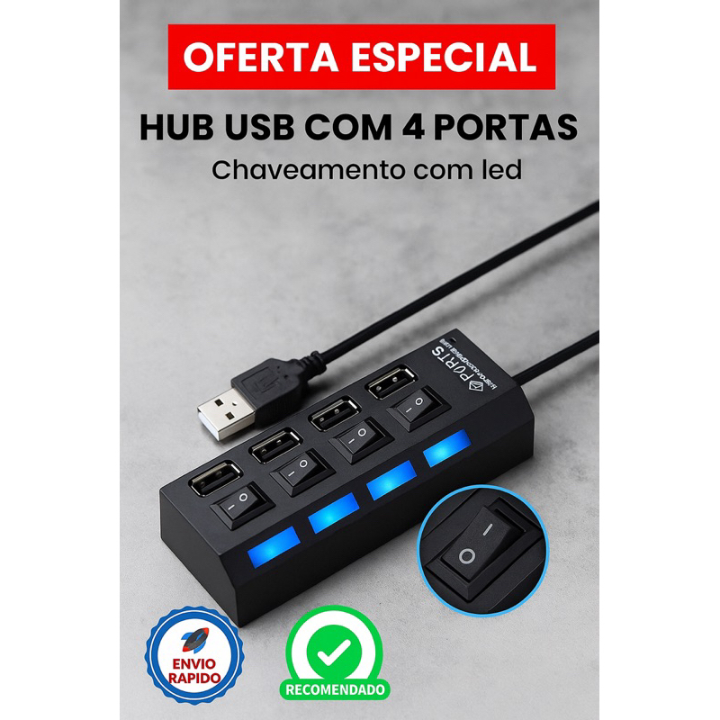 Hub USB 4 Entradas com Botão Liga/Desliga Interruptor Individual – Para ...