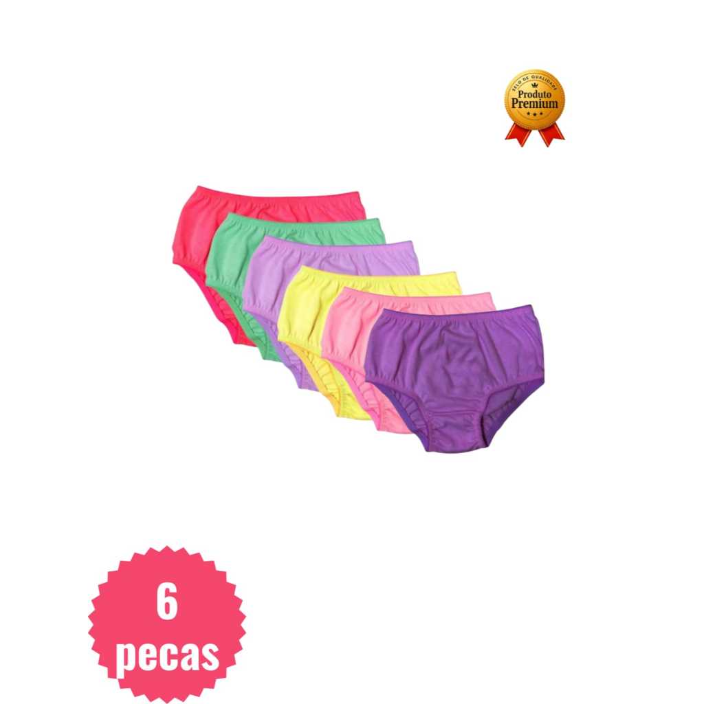 Kit 6 Calcinha infantil com forro MODELO LISA 100% algodao CORES ...