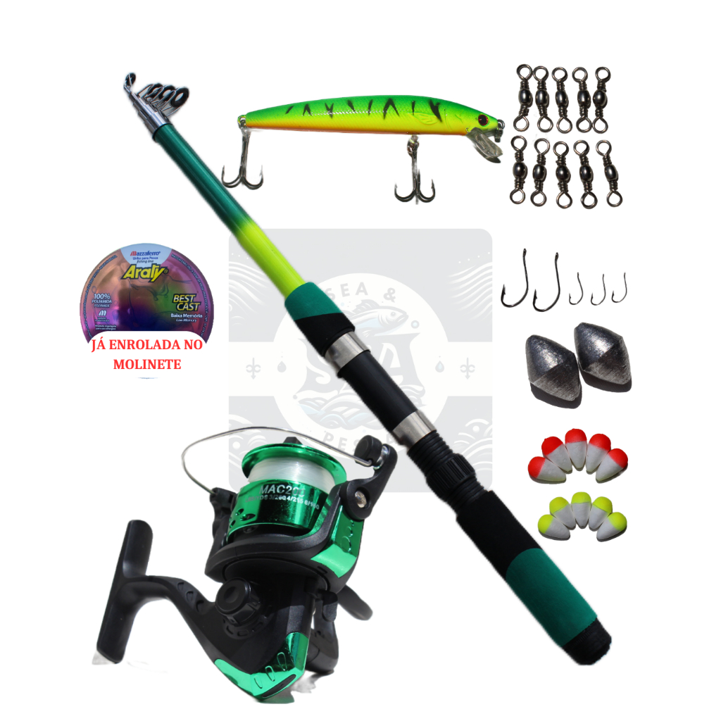 KIT PESCA COMPLETO VARA 1,70M + MOLINETE E LINHA/ANZOL/ISCA ARTIFICIAL/BOIAS/CHUMBADAS/GIRADORES ...