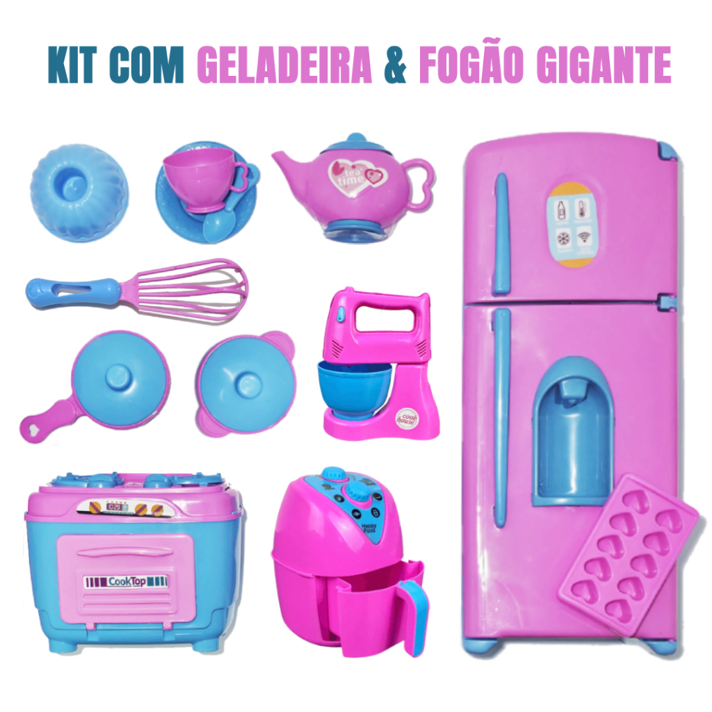 Kit Cozinha Infantil de Brinquedo Completa Panelas Fogão Geladeira Liquidificador AirFryer ...