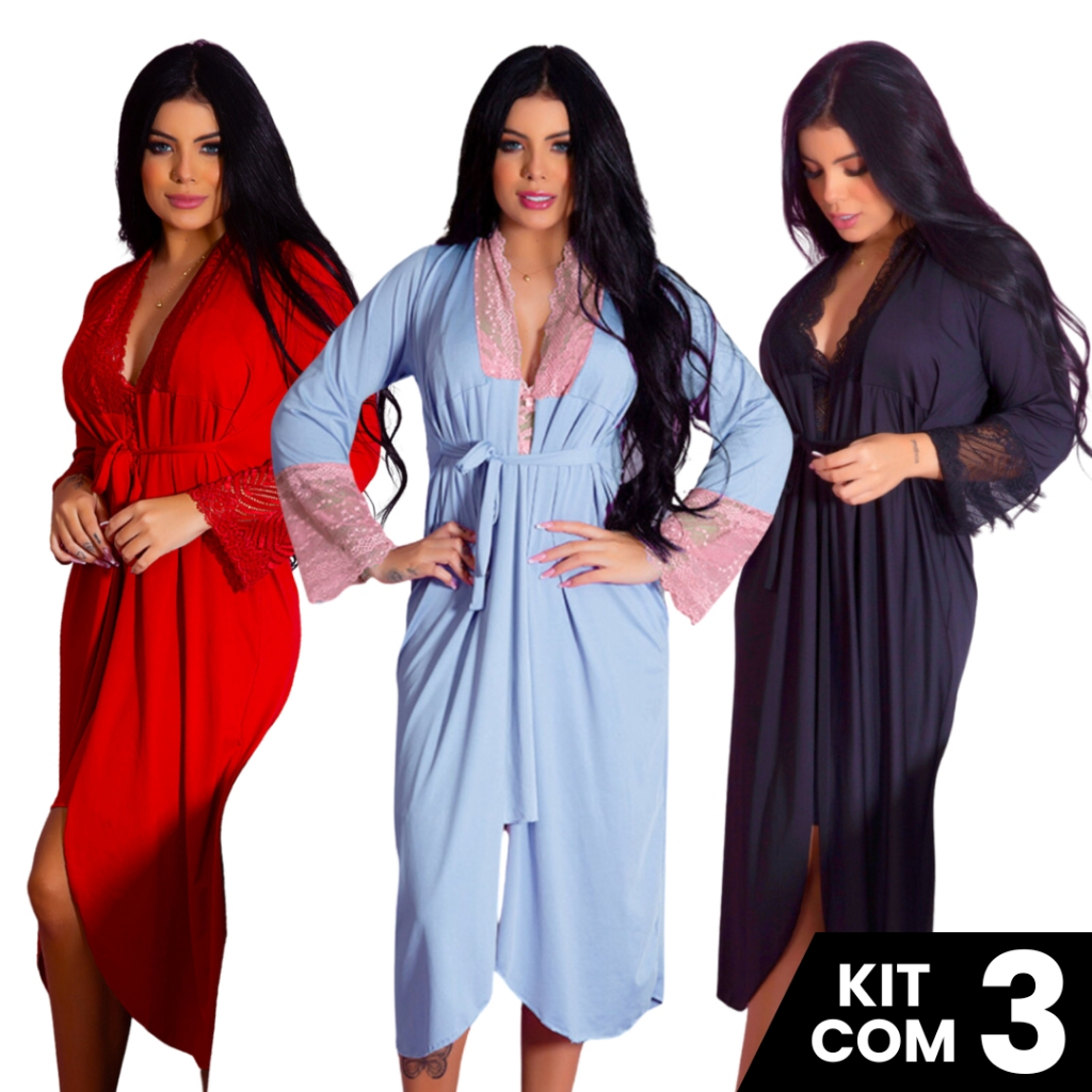 Kit 3 Robes Longos Com Detalhes em Renda Romantic Lingerie Feminino ...