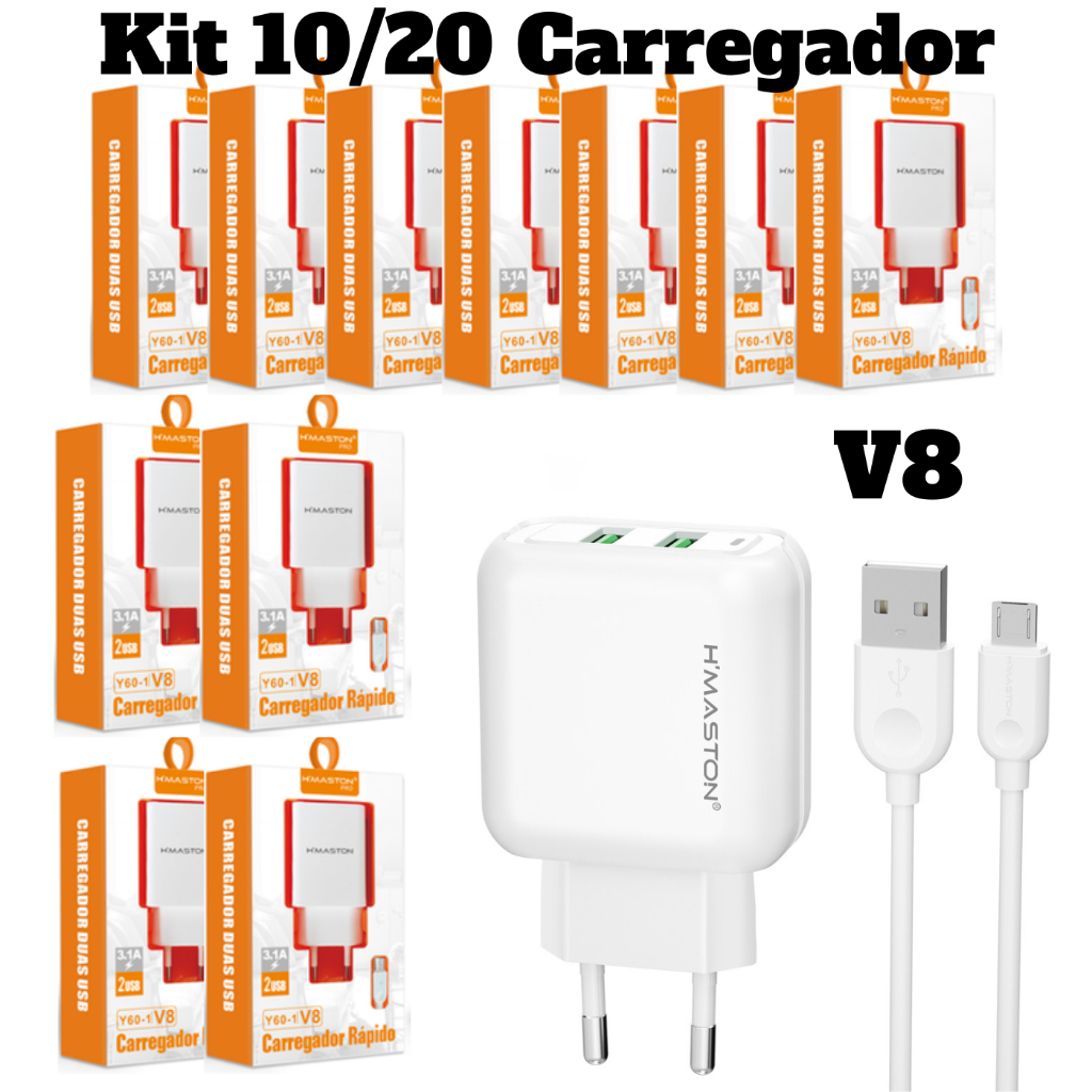 Kit 20 Carregador Turbo Entrada V8 Com Duas Entradas USB H'Maston 4.8A ...