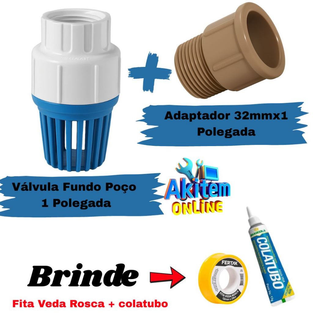 Válvula Fundo Poço 1 Pol com Filtro Crivo + Adaptador 32mm x 1 Polegada ...