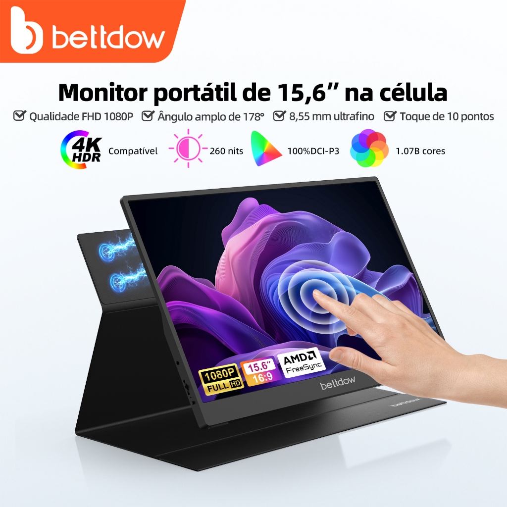 BETTDOW Monitor portátil Touchable 15.6'' 1920*1080P 4K com tela IPS ...
