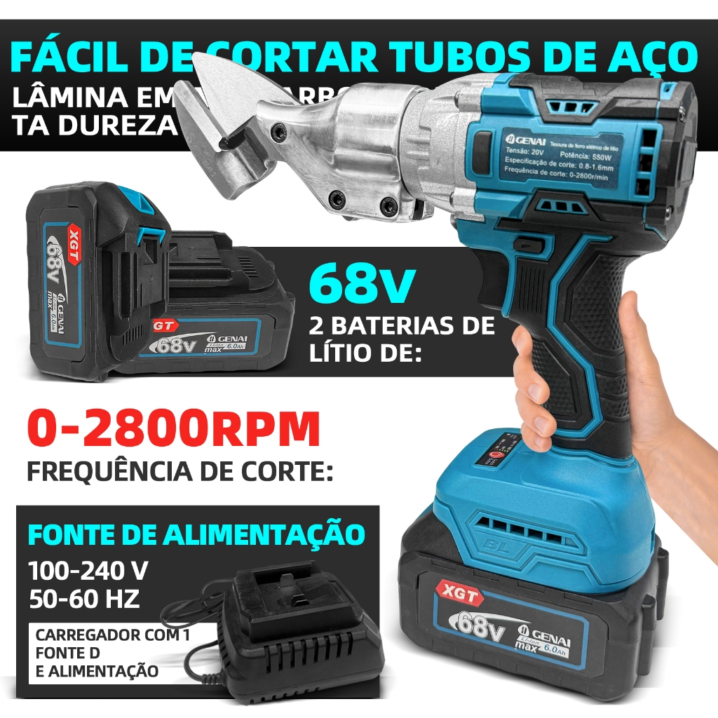 Tesoura Corta Chapa de Ferro Aço Eletrica 68v Profissional + 2 Bateria ...
