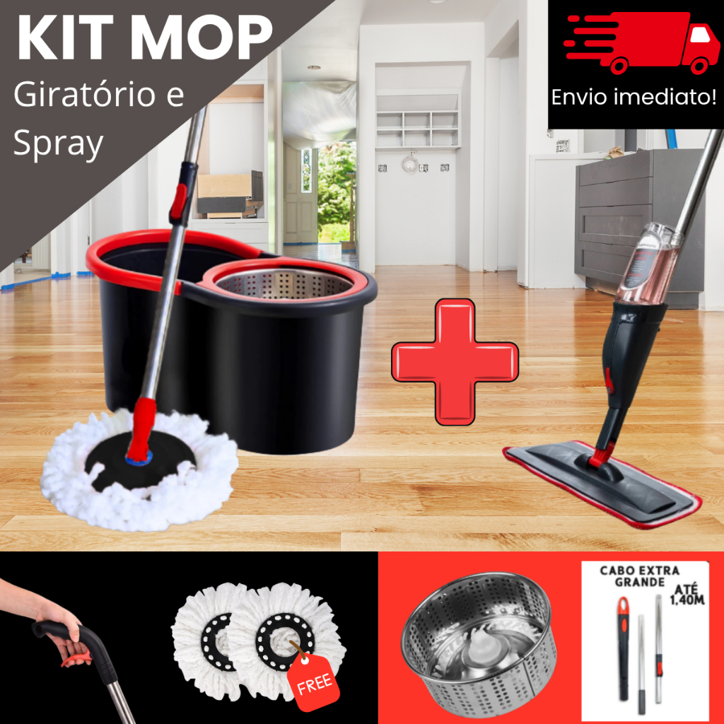Mop spray + Mop limpeza giratorio centrífugar com balde 2 refil grátis ...