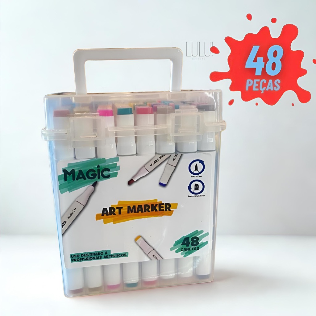 Kit marcadores estojo plastico 48 cores / caneta artistica desenho com ...