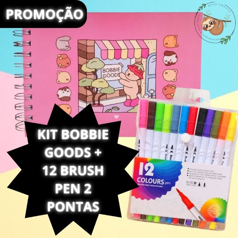 kit bobbie goods + 12 canetinhas brush pen duas pontas ponta pincel ...