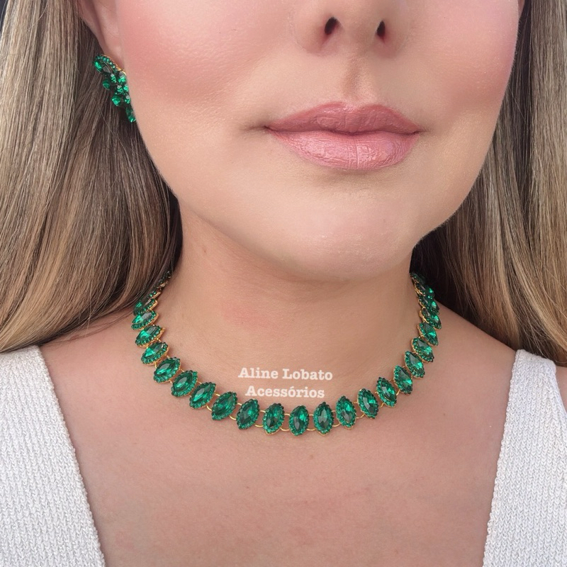 Colar de Festa Verde Esmeralda Pedrarias Folhas para Madrinhas e ...