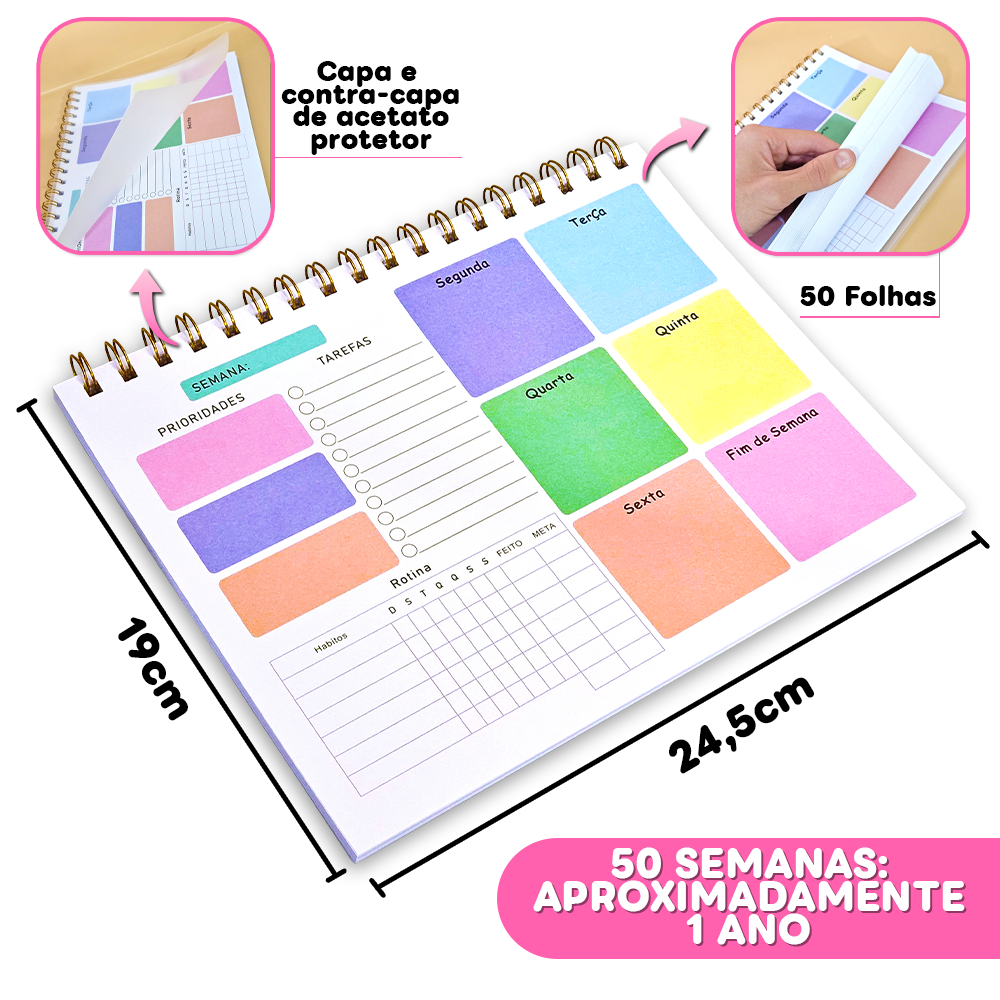 Planner Diário/Semanal 50 Folhas Com Capa e Contra-Capa de Acetato ...