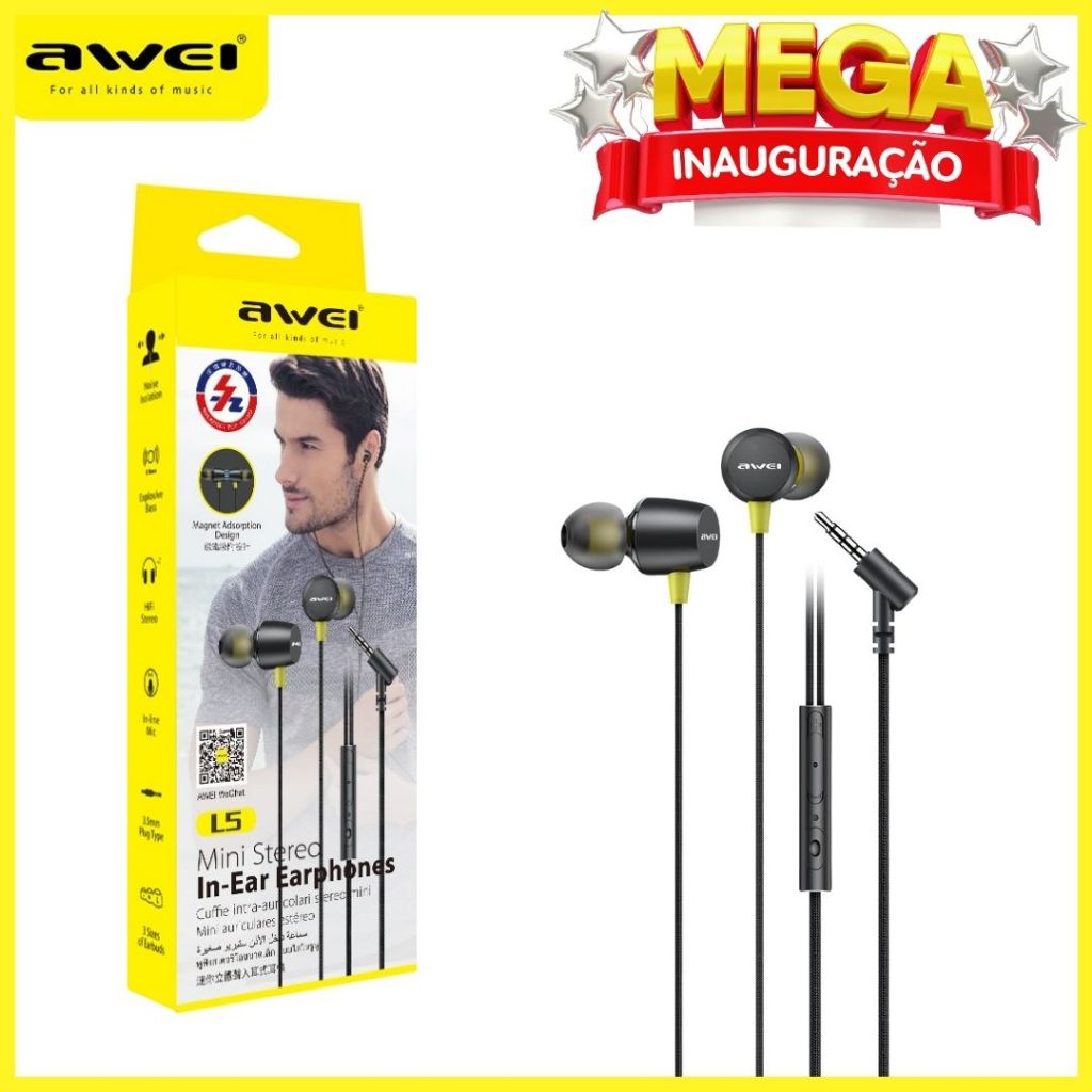 Fone de ouvido Mini Stereo Isolação de ruído 1,2m L5 Awei | Shopee Brasil