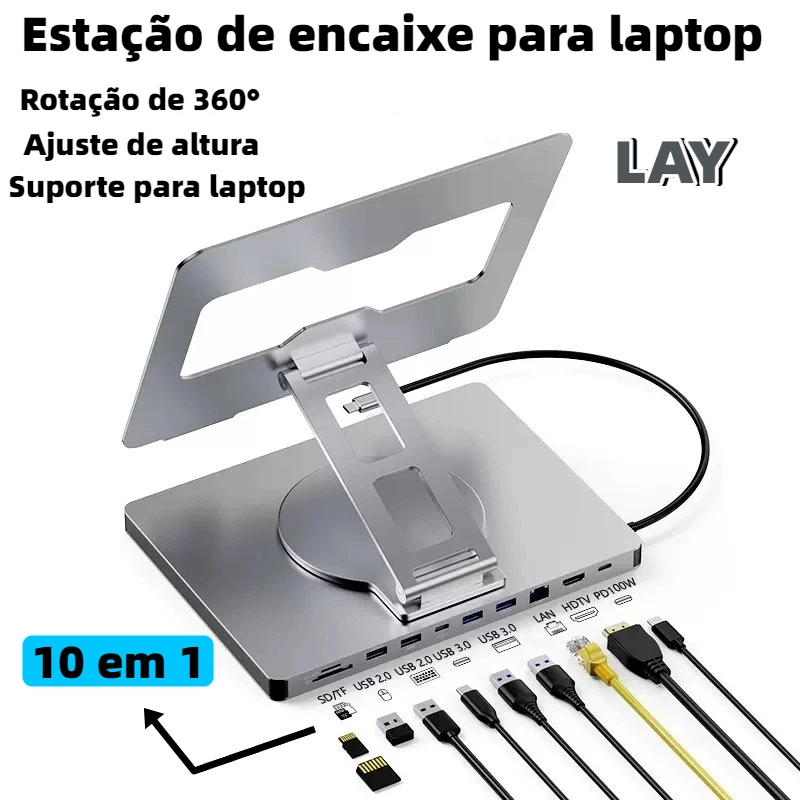 Suporte De Notebook Ate 17 Polegados 360° 10 Em 1 Com Hub Usb C Docking Station Hdmi 4k LAN SD ...