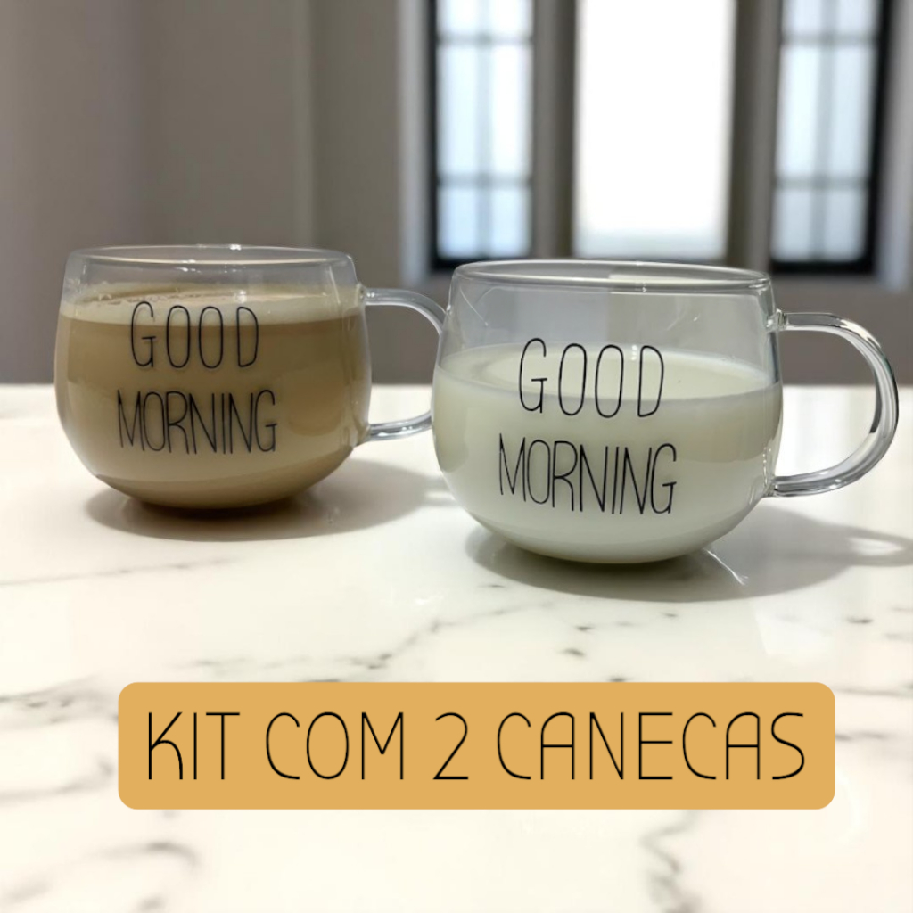 Canecas Xicaras Good Morning Vidro Para Café Chá Kit com 2 de 300ml ...