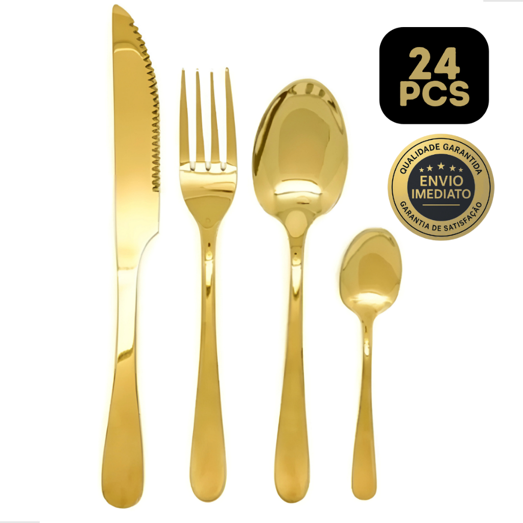 Kit 24 Peças Talheres Dourado Ouro De Aço Inox Garfo Colher Faca Colher ...