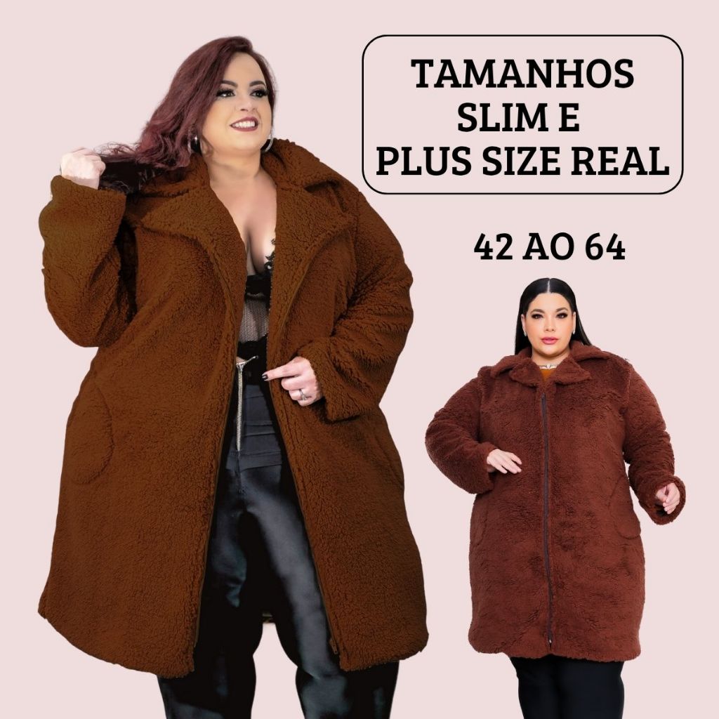Casaco feminino teddy pelucia longo com ziper bolsos forrado inverno ...