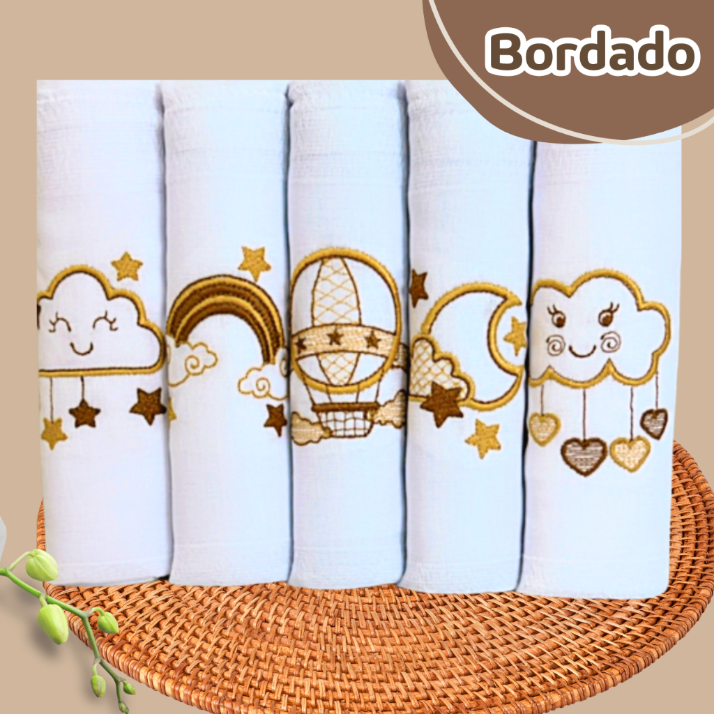 Fralda De Pano Bebê 70x70cm Bordada 5 Unidades 100% Algodão Com Bainha ...