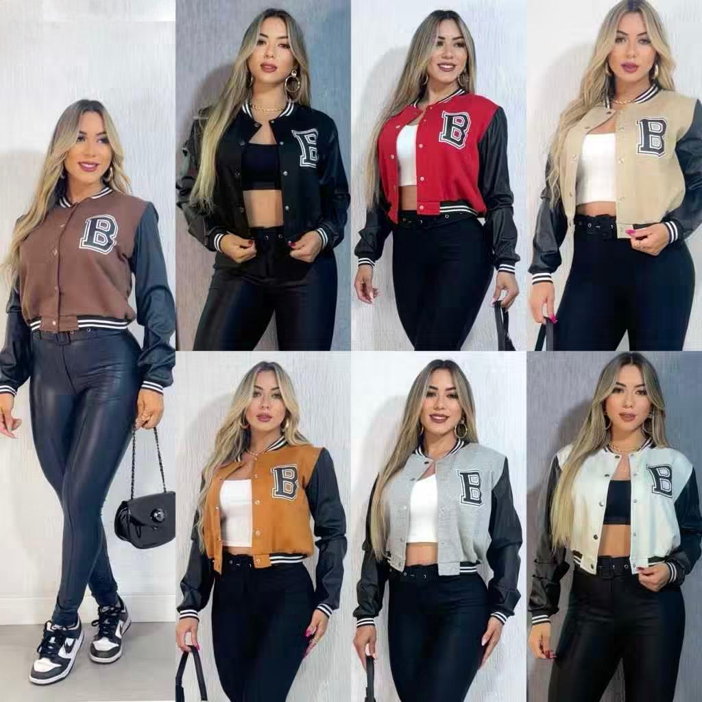 Jaqueta bomber Feminina manga couro estilo Colegial Bomber moda ...