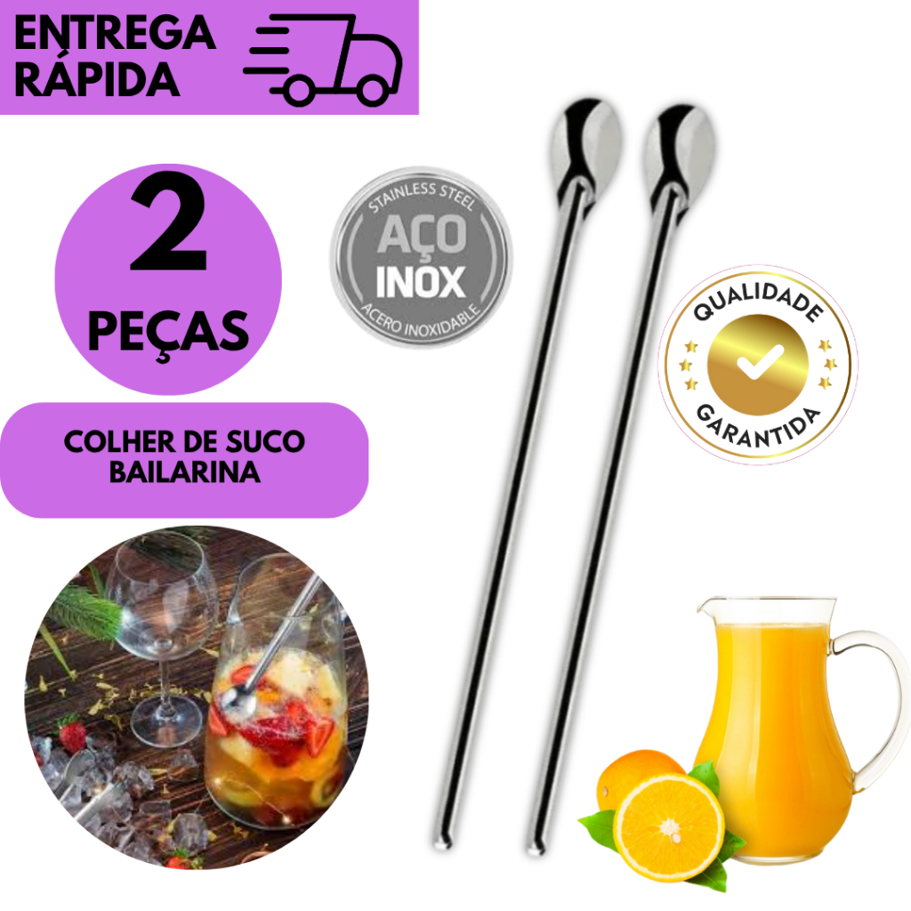 Kit 2 Colher Bailarina Longa Inox Para Suco Coquetel Drinks Misturador ...