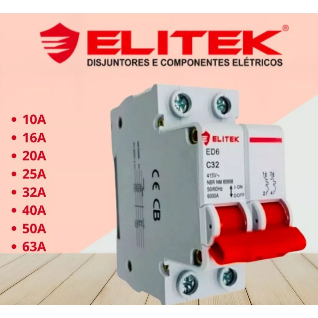 Disjuntor Bipolar 2 PÓLOS Elitek 10A 20A 25A 32A 40A 50A 63A 70A - Curva C - ED62 | Shopee Brasil