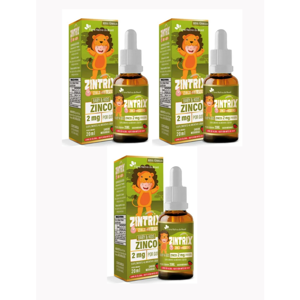Kit 3x Vitamina Zinco INfantil Kids Zintrix 2mg por gota 20ml (sabor ...