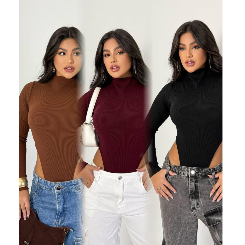 Body Cavado Gola Alta Cacharrel Manga Longa Sexy | Shopee Brasil