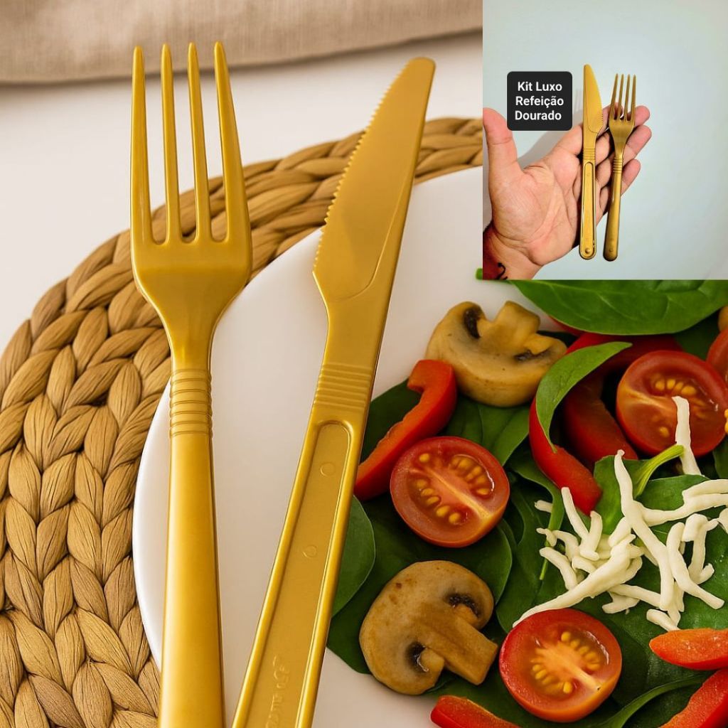 Kit Talher Refeição Descartável Dourado Reforçado Forte Churrasco Garfo ...
