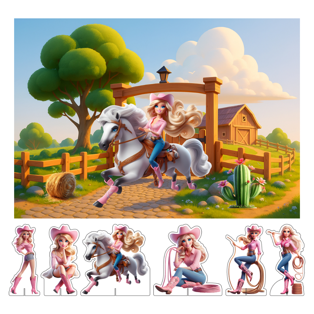 Kit Display De Mesa + Painel Festa Infantil Barbie Boiadeira Cute 3D FC ...