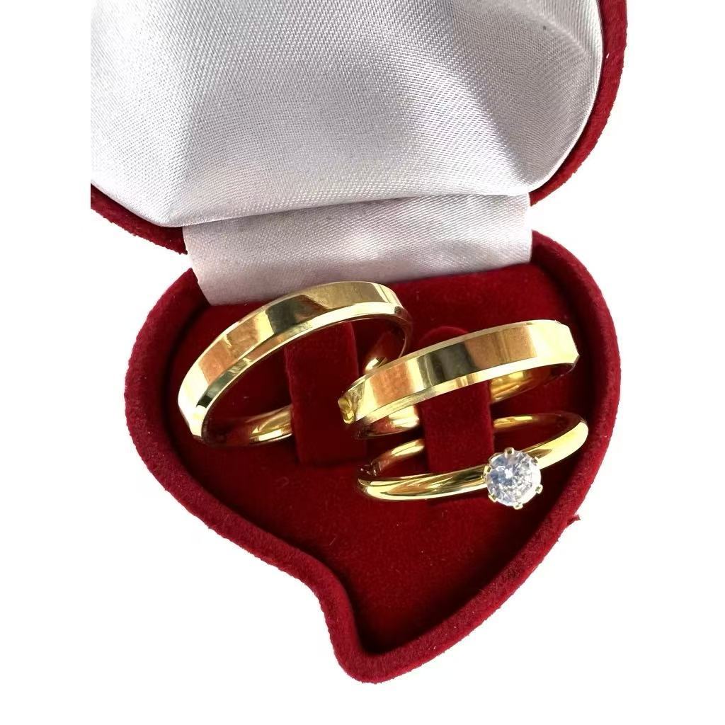 Par De Aliança+anel solitário Casamento Para Noivado Chanfrada Fina 4mm ...