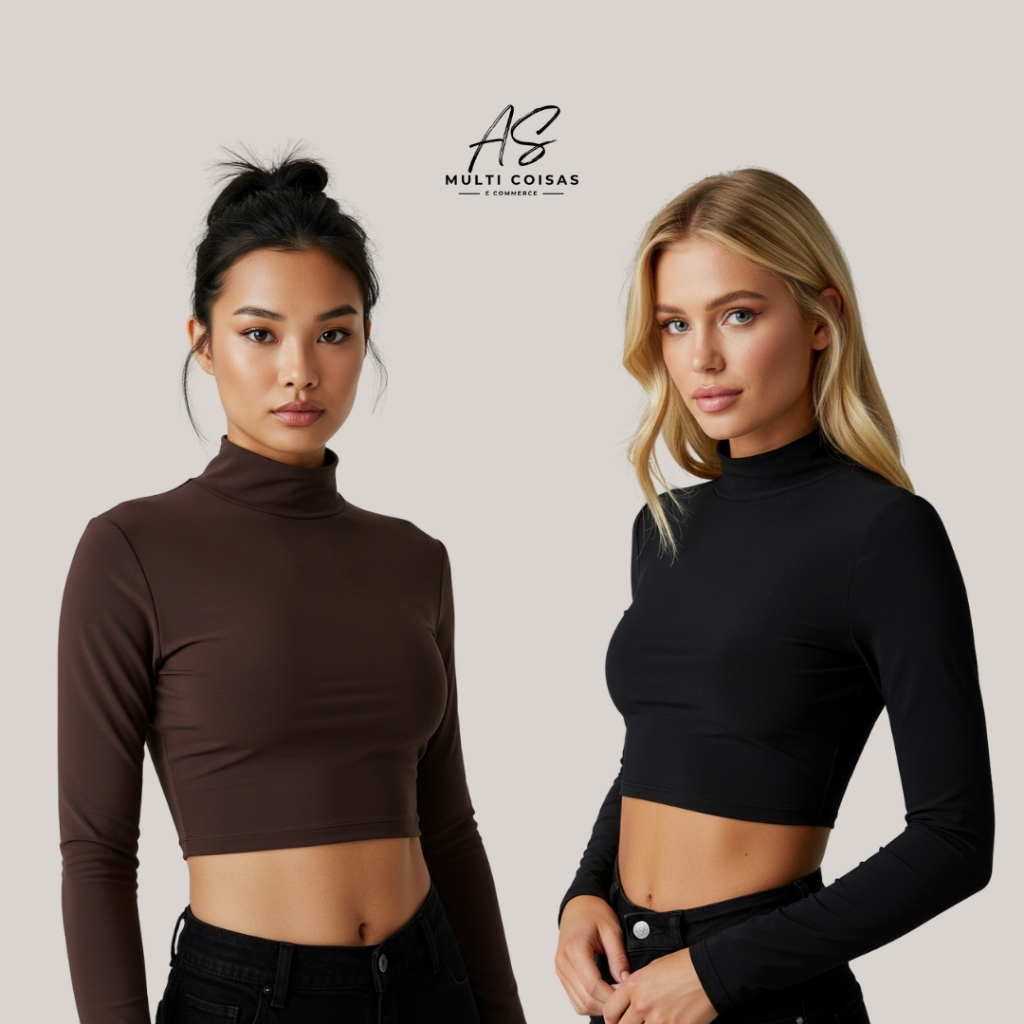 Cropped suplex Gola Alta Manga Longa Feminina Moda Gringa Elegante ...