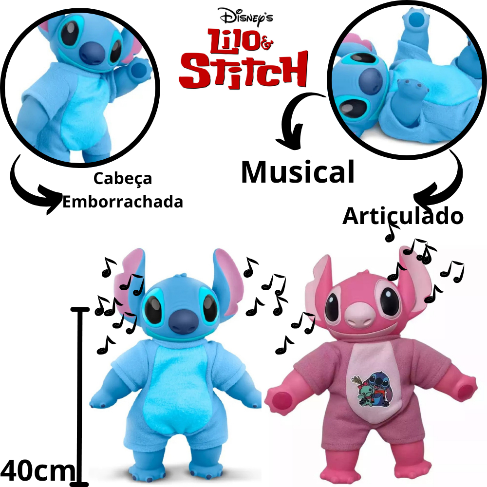 BONECO LILO STITCH ARTICULADO COM MUSICA 40 CM CABEÇA DE BORRACHA ...