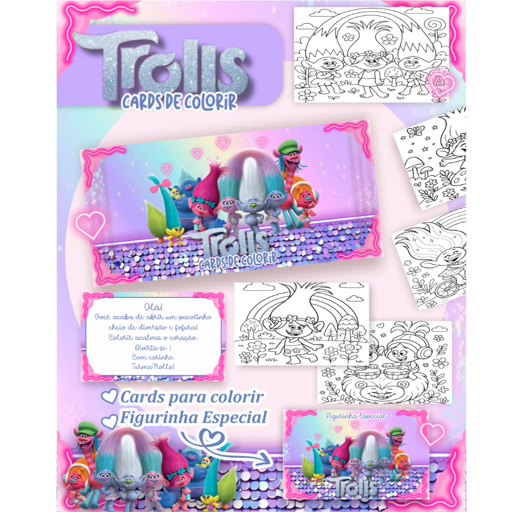 Kit de Cards para Colorir. TEMA TROLLS. Lembrancinhas. Ilustrações ...