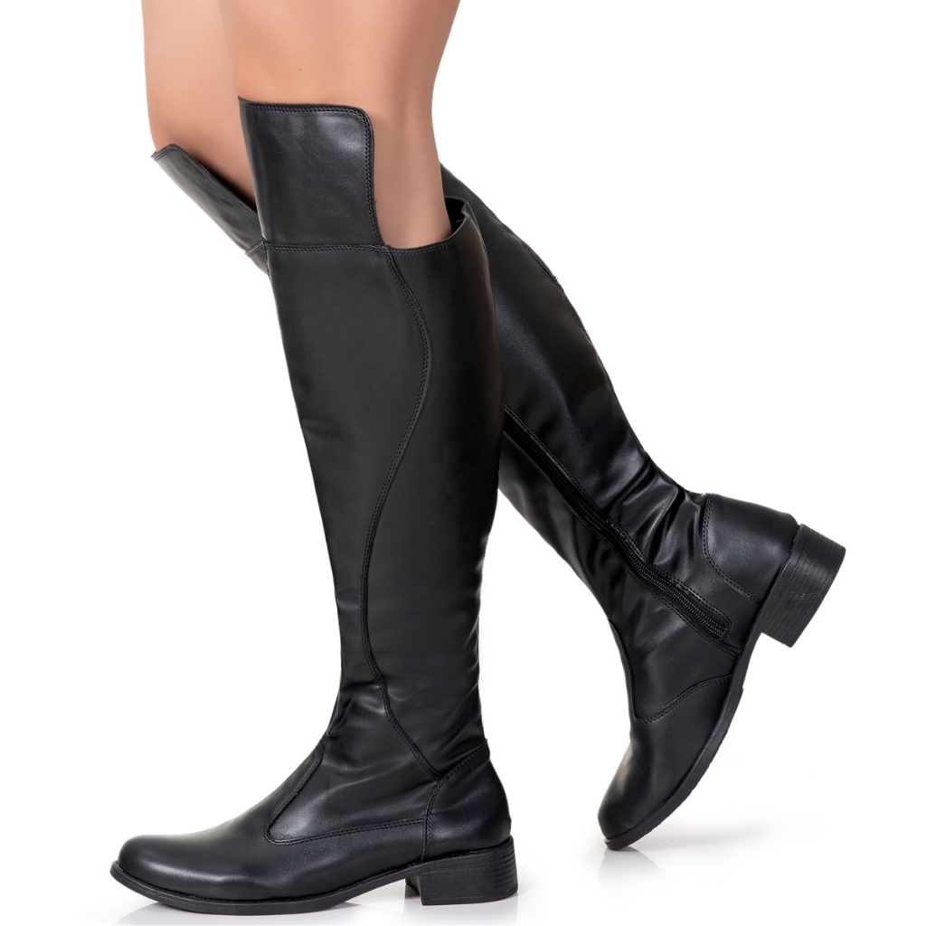 Bota Over The Knee Feminina Salto Baixo Com Ziper Cano Alto Longo ...
