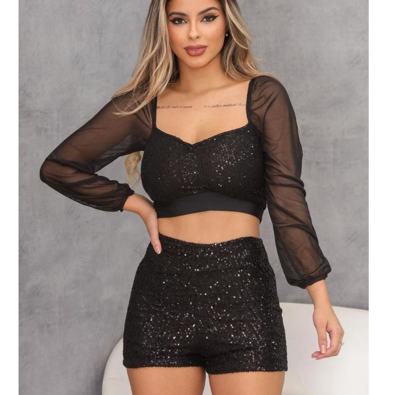 Cropped Brilho Paete Manga Longa Tule Bufante Poá Moda Feminina Gringa ...